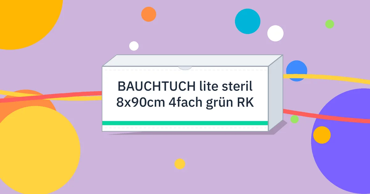 Symbolbild: Packung mit der Aufschrift BAUCHTUCH lite steril 8x90cm 4fach grün RK (PZN 09214292) – Verfügbarkeit und Bezug in Apotheken in Frankfurt am Main