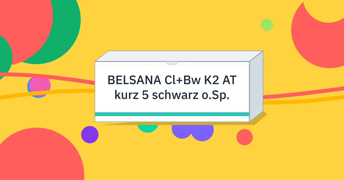 Symbolbild: Packung mit der Aufschrift BELSANA Cl+Bw K2 AT kurz 5 schwarz o.Sp. (PZN 12253249) – Verfügbarkeit und Bezug in Apotheken in Frankfurt am Main
