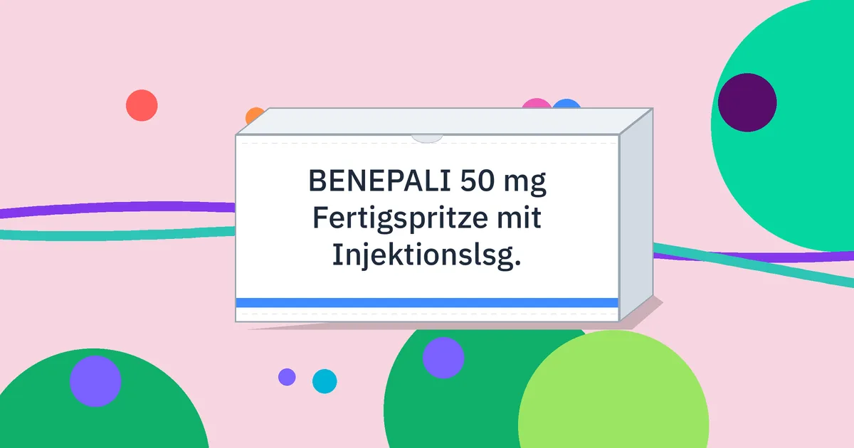 Symbolbild: Packung mit der Aufschrift BENEPALI 50 mg Fertigspritze mit Injektionslsg. (PZN 14327934) – Verfügbarkeit und Bezug in Apotheken in Frankfurt am Main