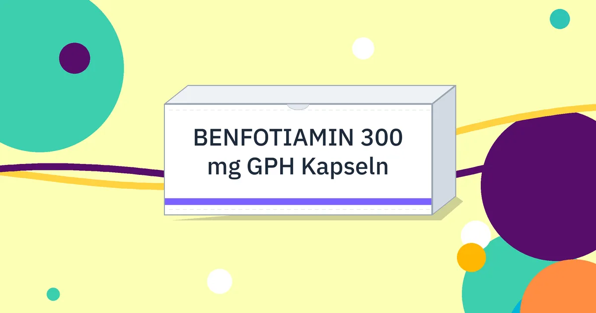Symbolbild: Packung mit der Aufschrift BENFOTIAMIN 300 mg GPH Kapseln (PZN 11658464) – Verfügbarkeit und Bezug in Apotheken in Frankfurt am Main