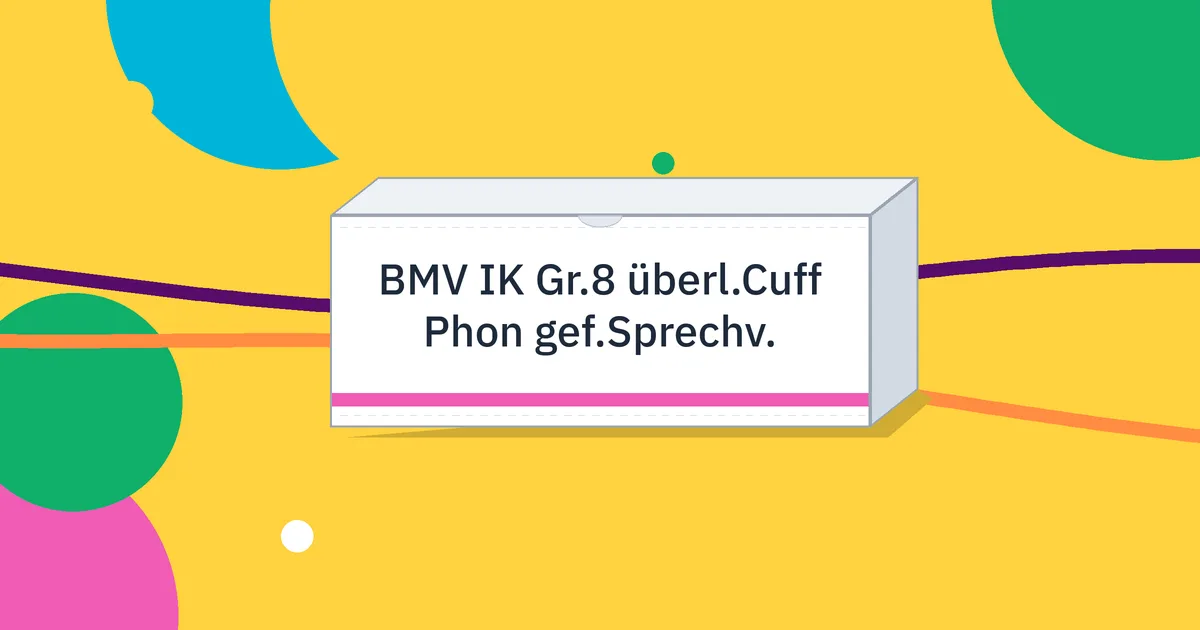 Symbolbild: Packung mit der Aufschrift BMV IK Gr.8 überl.Cuff Phon gef.Sprechv. (PZN 18382717) – Verfügbarkeit und Bezug in Apotheken in Frankfurt am Main