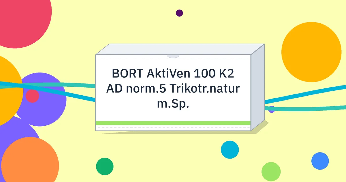 Symbolbild: Packung mit der Aufschrift BORT AktiVen 100 K2 AD norm.5 Trikotr.natur m.Sp. (PZN 13726483) – Verfügbarkeit und Bezug in Apotheken in Frankfurt am Main