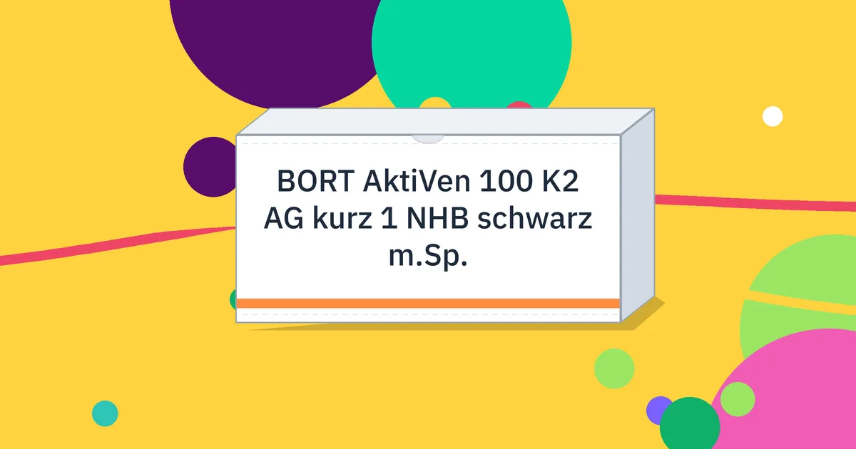 Symbolbild: Packung mit der Aufschrift BORT AktiVen 100 K2 AG kurz 1 NHB schwarz m.Sp. (PZN 14388048) – Verfügbarkeit und Bezug in Apotheken in Frankfurt am Main