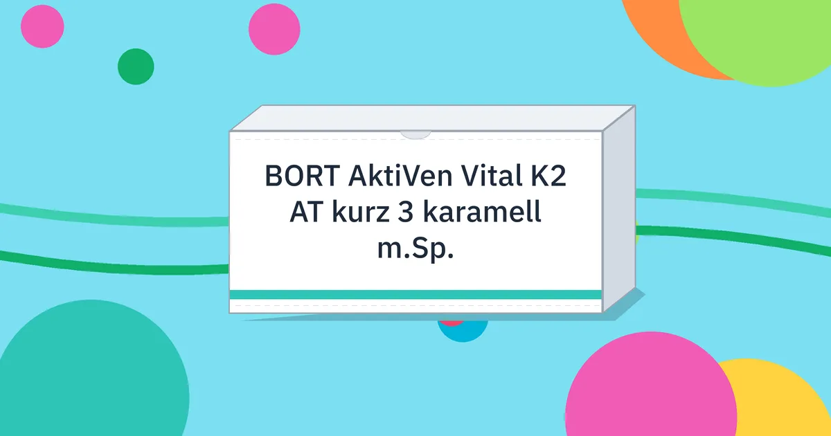 Symbolbild: Packung mit der Aufschrift BORT AktiVen Vital K2 AT kurz 3 karamell m.Sp. (PZN 13737854) – Verfügbarkeit und Bezug in Apotheken in Frankfurt am Main