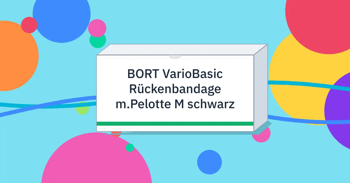 Symbolbild: Packung mit der Aufschrift BORT VarioBasic Rückenbandage m.Pelotte M schwarz (PZN 02151677) – Verfügbarkeit und Bezug in Apotheken in Frankfurt am Main