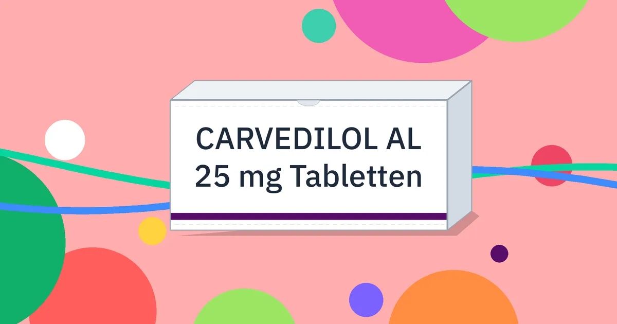 Symbolbild: Packung mit der Aufschrift CARVEDILOL AL 25 mg Tabletten (PZN 00044262) – Verfügbarkeit und Bezug in Apotheken in Frankfurt am Main