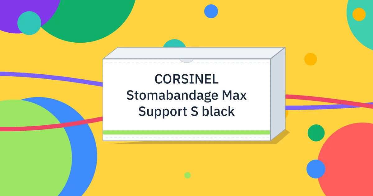 Symbolbild: Packung mit der Aufschrift CORSINEL Stomabandage Max Support S black (PZN 19508037) – Verfügbarkeit und Bezug in Apotheken in Frankfurt am Main