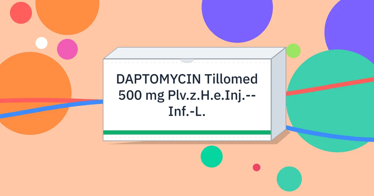 Symbolbild: Packung mit der Aufschrift DAPTOMYCIN Tillomed 500 mg Plv.z.H.e.Inj.--Inf.-L. (PZN 17395385) – Verfügbarkeit und Bezug in Apotheken in Frankfurt am Main