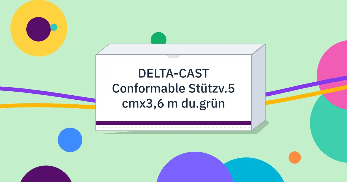 Symbolbild: Packung mit der Aufschrift DELTA-CAST Conformable Stützv.5 cmx3,6 m du.grün (PZN 01426451) – Verfügbarkeit und Bezug in Apotheken in Frankfurt am Main