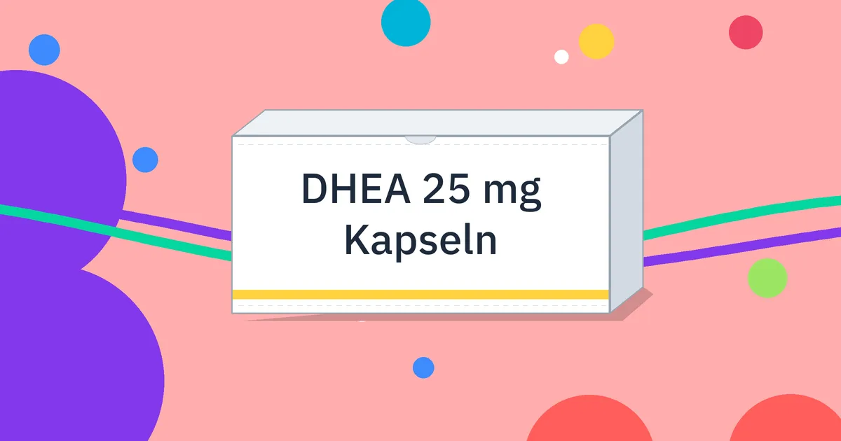 Symbolbild: Packung mit der Aufschrift DHEA 25 mg Kapseln (PZN 18907120) – Verfügbarkeit und Bezug in Apotheken in Frankfurt am Main