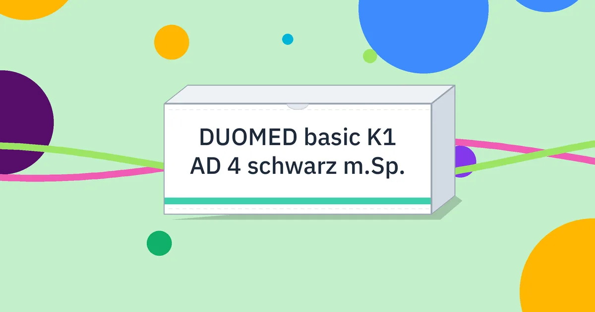 Symbolbild: Packung mit der Aufschrift DUOMED basic K1 AD 4 schwarz m.Sp. (PZN 20903454) – Verfügbarkeit und Bezug in Apotheken in Frankfurt am Main