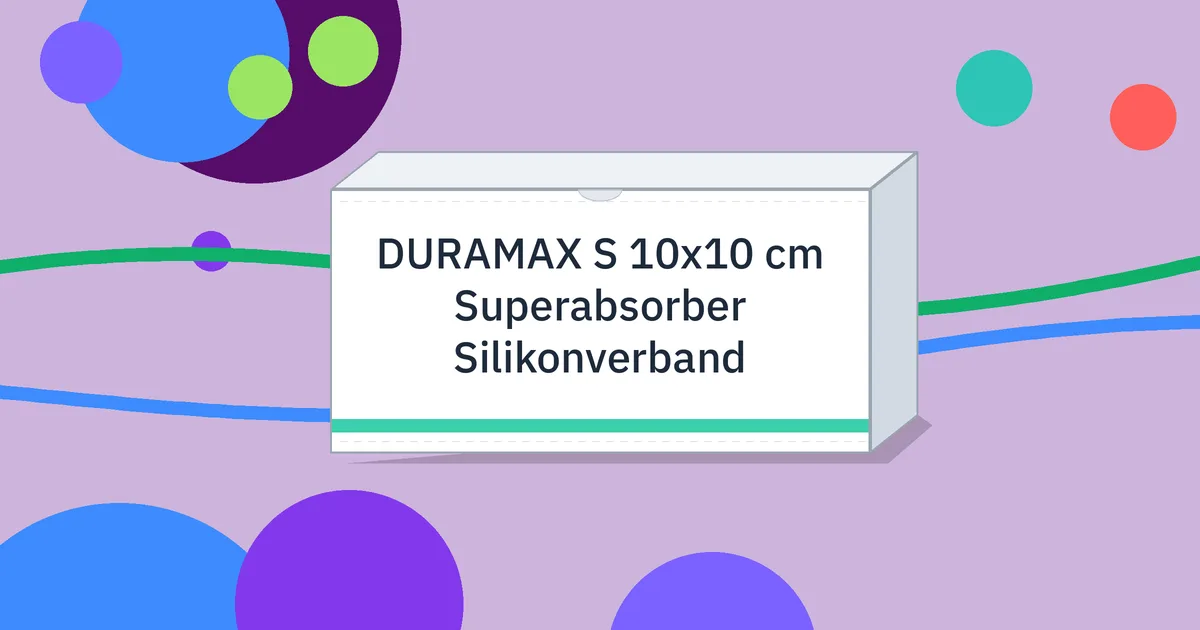 Symbolbild: Packung mit der Aufschrift DURAMAX S 10x10 cm Superabsorber Silikonverband (PZN 18469915) – Verfügbarkeit und Bezug in Apotheken in Frankfurt am Main
