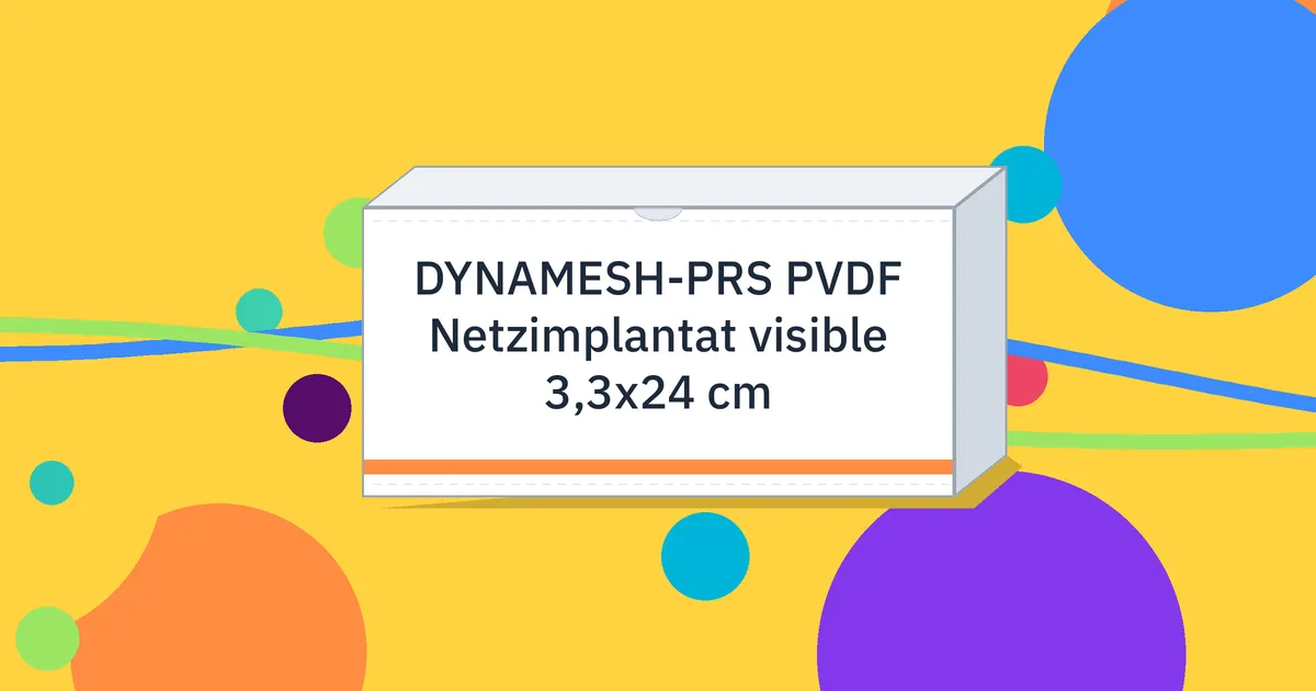 Symbolbild: Packung mit der Aufschrift DYNAMESH-PRS PVDF Netzimplantat visible 3,3x24 cm (PZN 19390096) – Verfügbarkeit und Bezug in Apotheken in Frankfurt am Main