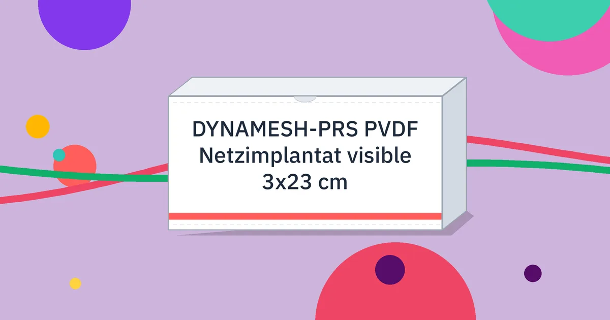 Symbolbild: Packung mit der Aufschrift DYNAMESH-PRS PVDF Netzimplantat visible 3x23 cm (PZN 19390050) – Verfügbarkeit und Bezug in Apotheken in Frankfurt am Main