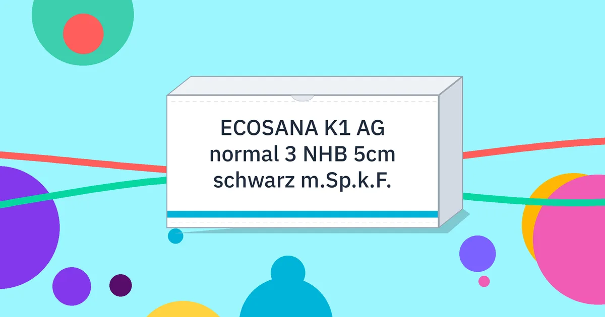 Symbolbild: Packung mit der Aufschrift ECOSANA K1 AG normal 3 NHB 5cm schwarz m.Sp.k.F. (PZN 04727176) – Verfügbarkeit und Bezug in Apotheken in Frankfurt am Main