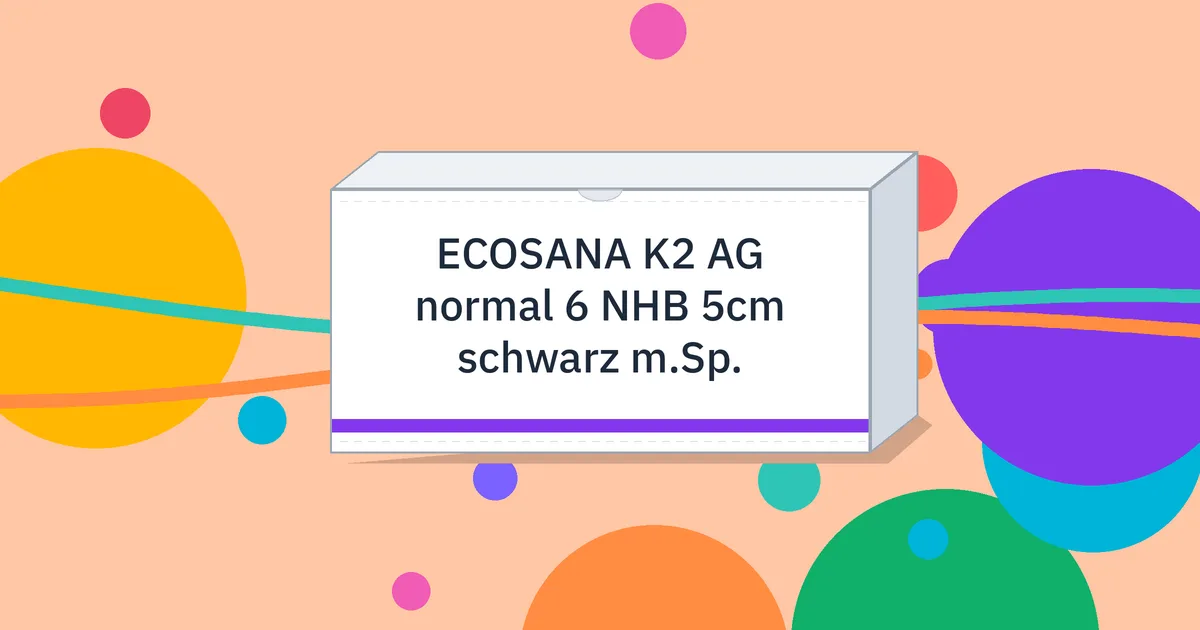 Symbolbild: Packung mit der Aufschrift ECOSANA K2 AG normal 6 NHB 5cm schwarz m.Sp. (PZN 01487228) – Verfügbarkeit und Bezug in Apotheken in Frankfurt am Main