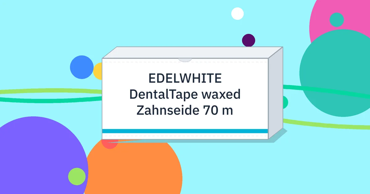 Symbolbild: Packung mit der Aufschrift EDELWHITE DentalTape waxed Zahnseide 70 m (PZN 06847832) – Verfügbarkeit und Bezug in Apotheken in Frankfurt am Main