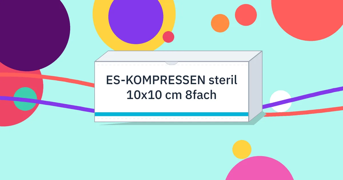 Symbolbild: Packung mit der Aufschrift ES-KOMPRESSEN steril 10x10 cm 8fach (PZN 11313707) – Verfügbarkeit und Bezug in Apotheken in Frankfurt am Main