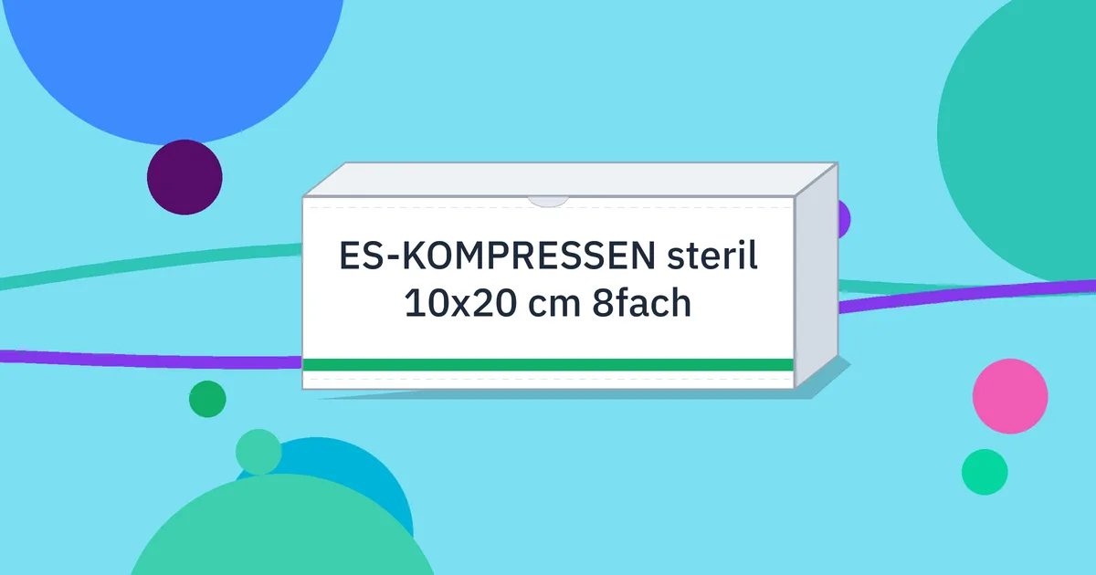 Symbolbild: Packung mit der Aufschrift ES-KOMPRESSEN steril 10x20 cm 8fach (PZN 15782356) – Verfügbarkeit und Bezug in Apotheken in Frankfurt am Main