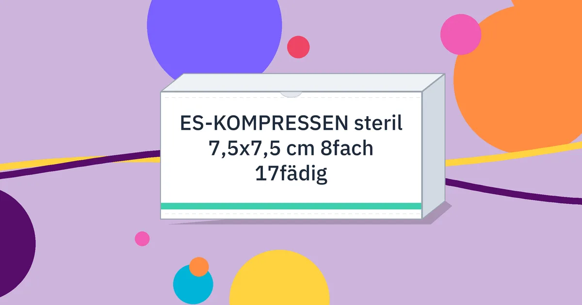 Symbolbild: Packung mit der Aufschrift ES-KOMPRESSEN steril 7,5x7,5 cm 8fach 17fädig (PZN 16875893) – Verfügbarkeit und Bezug in Apotheken in Frankfurt am Main