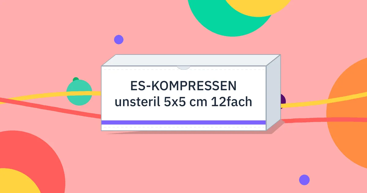 Symbolbild: Packung mit der Aufschrift ES-KOMPRESSEN unsteril 5x5 cm 12fach (PZN 19700384) – Verfügbarkeit und Bezug in Apotheken in Frankfurt am Main