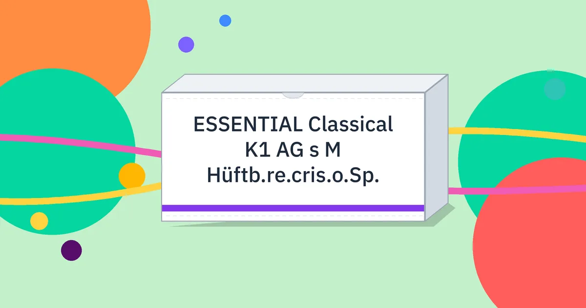 Symbolbild: Packung mit der Aufschrift ESSENTIAL Classical K1 AG s M Hüftb.re.cris.o.Sp. (PZN 17012266) – Verfügbarkeit und Bezug in Apotheken in Frankfurt am Main