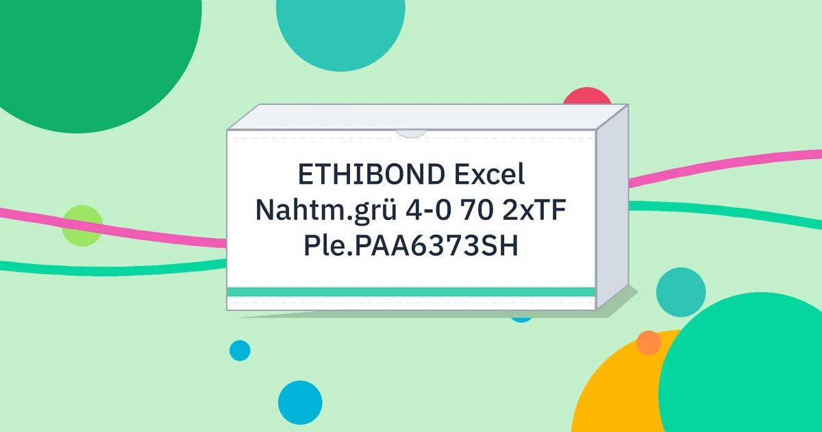 Symbolbild: Packung mit der Aufschrift ETHIBOND Excel Nahtm.grü 4-0 70 2xTF Ple.PAA6373SH (PZN 20852923) – Verfügbarkeit und Bezug in Apotheken in Frankfurt am Main