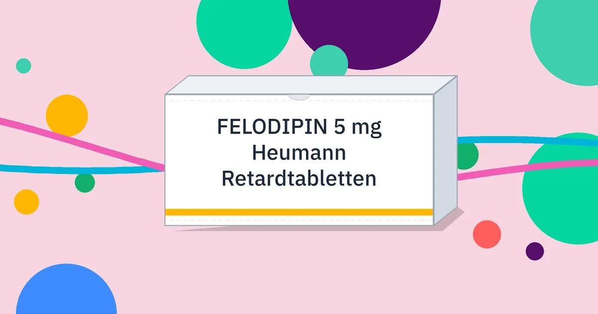 Symbolbild: Packung mit der Aufschrift FELODIPIN 5 mg Heumann Retardtabletten (PZN 01406135) – Verfügbarkeit und Bezug in Apotheken in Frankfurt am Main