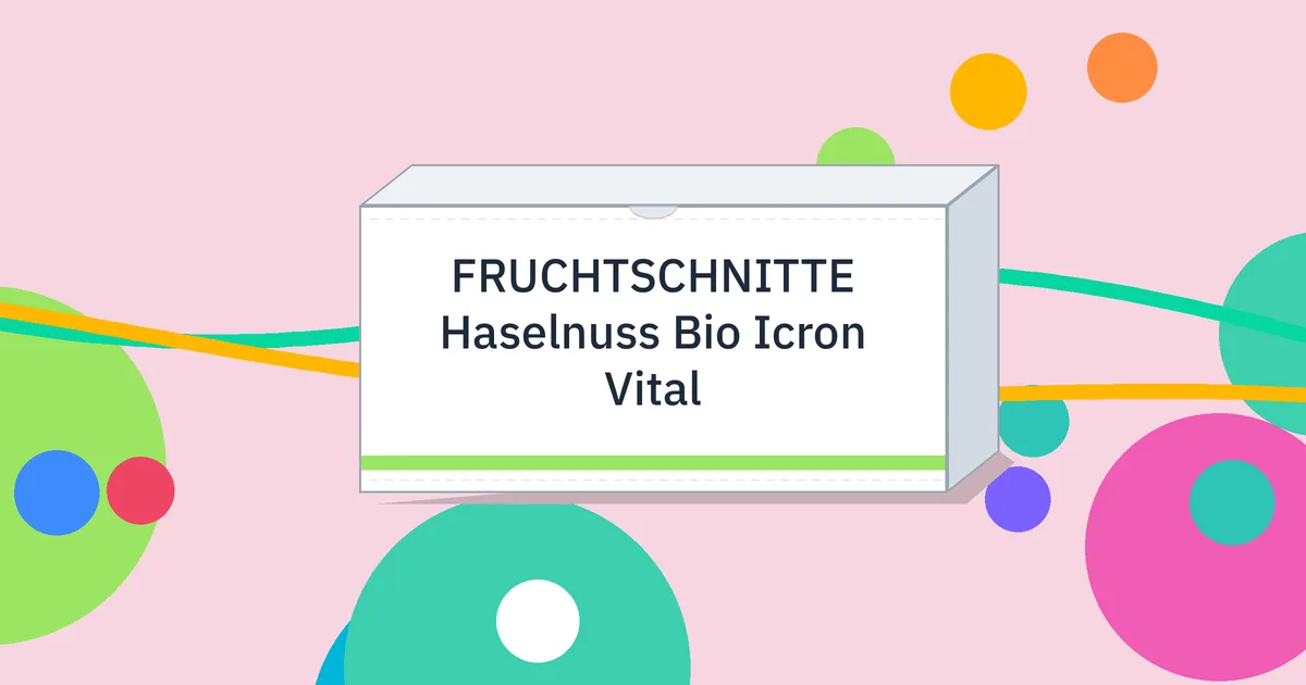 Symbolbild: Packung mit der Aufschrift FRUCHTSCHNITTE Haselnuss Bio Icron Vital (PZN 01912306) – Verfügbarkeit und Bezug in Apotheken in Frankfurt am Main