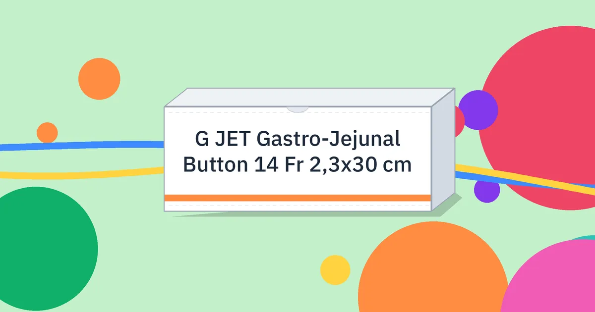Symbolbild: Packung mit der Aufschrift G JET Gastro-Jejunal Button 14 Fr 2,3x30 cm (PZN 14342810) – Verfügbarkeit und Bezug in Apotheken in Frankfurt am Main