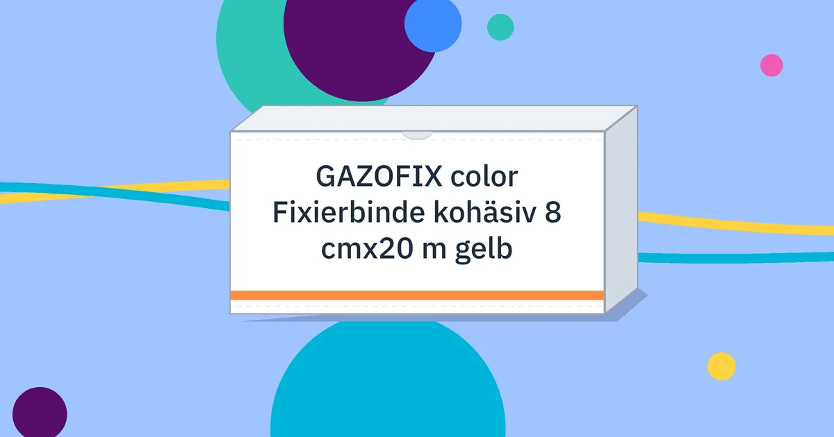 Symbolbild: Packung mit der Aufschrift GAZOFIX color Fixierbinde kohäsiv 8 cmx20 m gelb (PZN 19882675) – Verfügbarkeit und Bezug in Apotheken in Frankfurt am Main