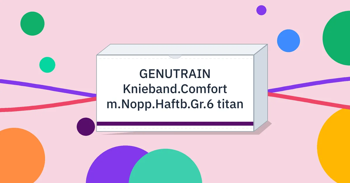 Symbolbild: Packung mit der Aufschrift GENUTRAIN Knieband.Comfort m.Nopp.Haftb.Gr.6 titan (PZN 20040148) – Verfügbarkeit und Bezug in Apotheken in Frankfurt am Main