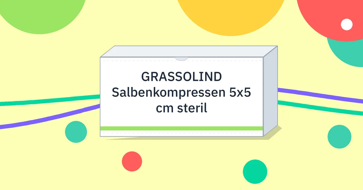Symbolbild: Packung mit der Aufschrift GRASSOLIND Salbenkompressen 5x5 cm steril (PZN 19158689) – Verfügbarkeit und Bezug in Apotheken in Frankfurt am Main