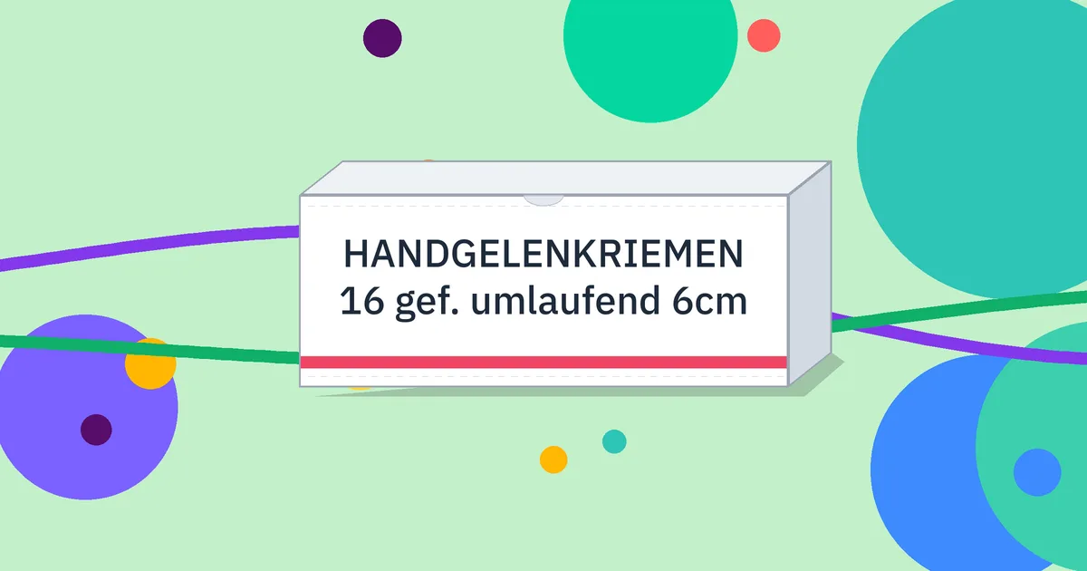 Symbolbild: Packung mit der Aufschrift HANDGELENKRIEMEN 16 gef. umlaufend 6cm (PZN 01962652) – Verfügbarkeit und Bezug in Apotheken in Frankfurt am Main