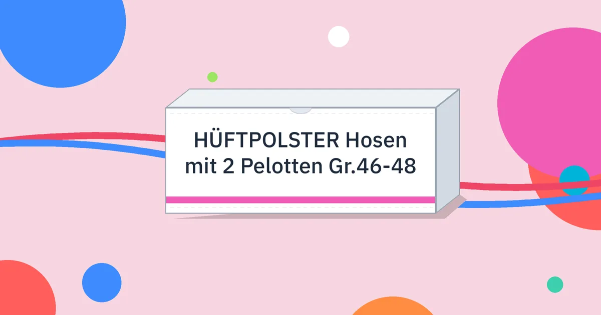 Symbolbild: Packung mit der Aufschrift HÜFTPOLSTER Hosen mit 2 Pelotten Gr.46-48 (PZN 08446273) – Verfügbarkeit und Bezug in Apotheken in Frankfurt am Main