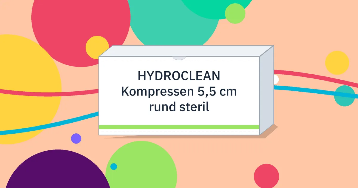 Symbolbild: Packung mit der Aufschrift HYDROCLEAN Kompressen 5,5 cm rund steril (PZN 17604506) – Verfügbarkeit und Bezug in Apotheken in Frankfurt am Main