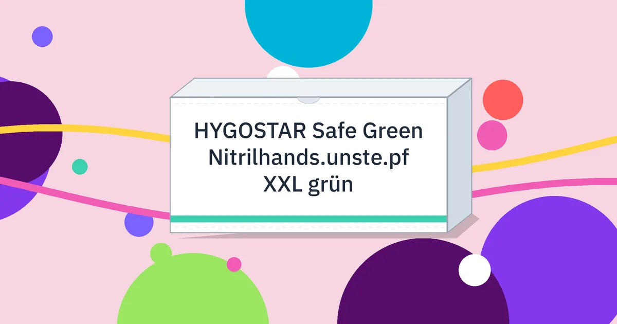Symbolbild: Packung mit der Aufschrift HYGOSTAR Safe Green Nitrilhands.unste.pf XXL grün (PZN 20773879) – Verfügbarkeit und Bezug in Apotheken in Frankfurt am Main