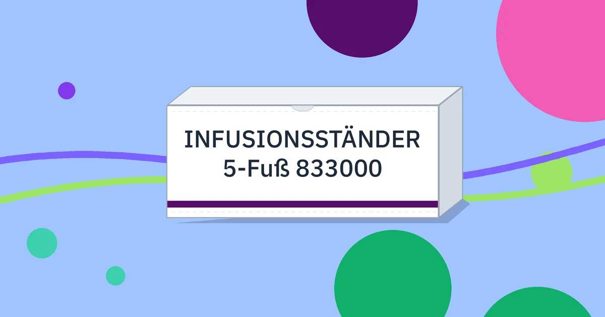 Symbolbild: Packung mit der Aufschrift INFUSIONSSTÄNDER 5-Fuß 833000 (PZN 03854889) – Verfügbarkeit und Bezug in Apotheken in Frankfurt am Main