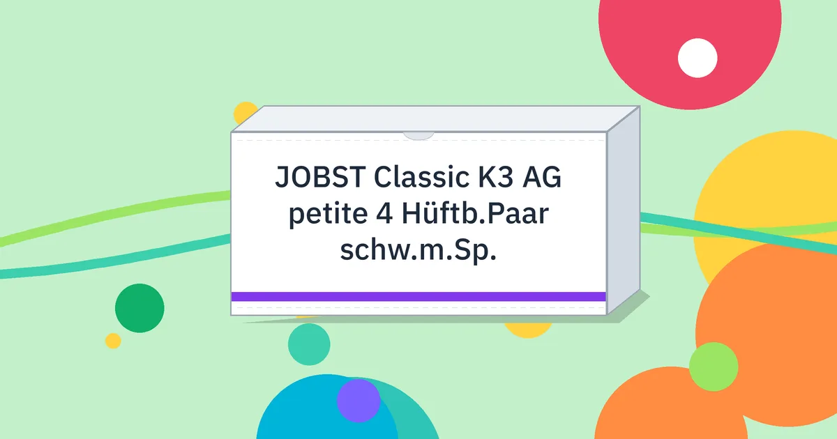 Symbolbild: Packung mit der Aufschrift JOBST Classic K3 AG petite 4 Hüftb.Paar schw.m.Sp. (PZN 13074744) – Verfügbarkeit und Bezug in Apotheken in Frankfurt am Main