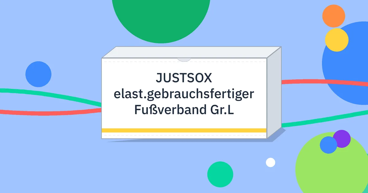 Symbolbild: Packung mit der Aufschrift JUSTSOX elast.gebrauchsfertiger Fußverband Gr.L (PZN 19180832) – Verfügbarkeit und Bezug in Apotheken in Frankfurt am Main