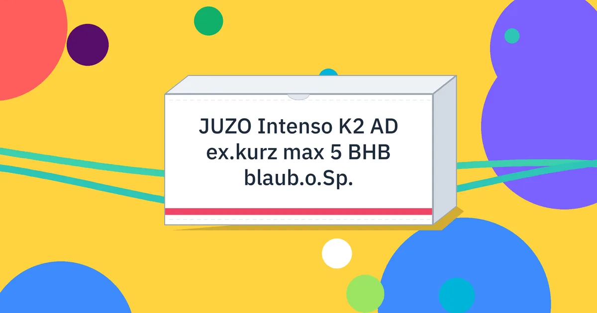 Symbolbild: Packung mit der Aufschrift JUZO Intenso K2 AD ex.kurz max 5 BHB blaub.o.Sp. (PZN 18624528) – Verfügbarkeit und Bezug in Apotheken in Frankfurt am Main
