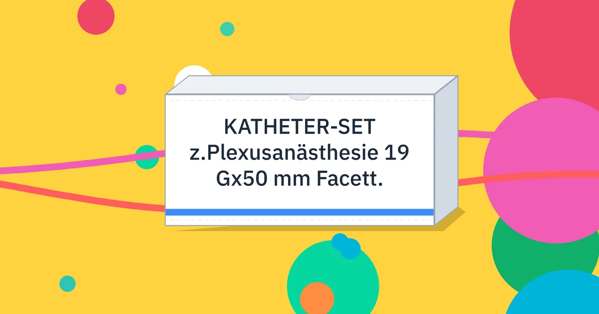 Symbolbild: Packung mit der Aufschrift KATHETER-SET z.Plexusanästhesie 19 Gx50 mm Facett. (PZN 17271602) – Verfügbarkeit und Bezug in Apotheken in Frankfurt am Main