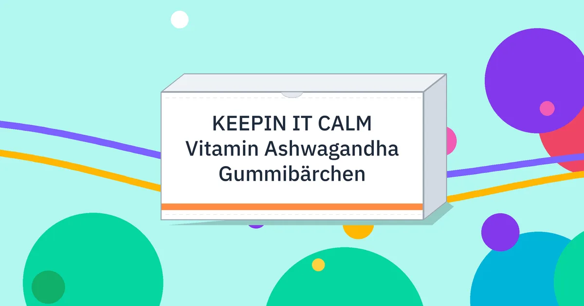 Symbolbild: Packung mit der Aufschrift KEEPIN IT CALM Vitamin Ashwagandha Gummibärchen (PZN 18039563) – Verfügbarkeit und Bezug in Apotheken in Frankfurt am Main