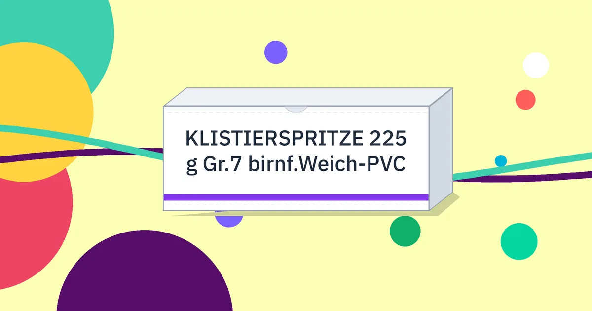 Symbolbild: Packung mit der Aufschrift KLISTIERSPRITZE 225 g Gr.7 birnf.Weich-PVC (PZN 08528410) – Verfügbarkeit und Bezug in Apotheken in Frankfurt am Main