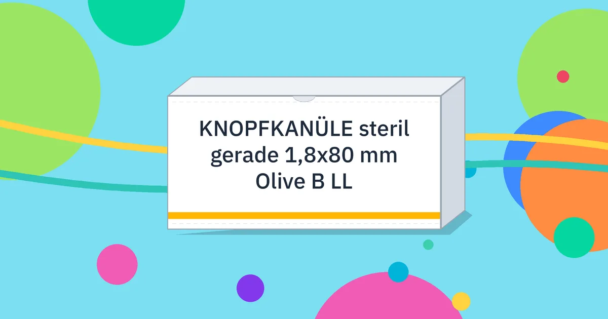 Symbolbild: Packung mit der Aufschrift KNOPFKANÜLE steril gerade 1,8x80 mm Olive B LL (PZN 19978027) – Verfügbarkeit und Bezug in Apotheken in Frankfurt am Main