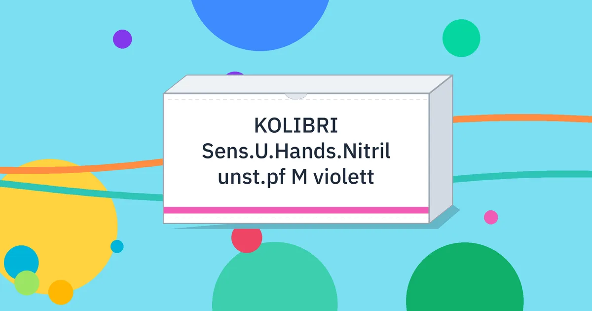 Symbolbild: Packung mit der Aufschrift KOLIBRI Sens.U.Hands.Nitril unst.pf M violett (PZN 19507196) – Verfügbarkeit und Bezug in Apotheken in Frankfurt am Main