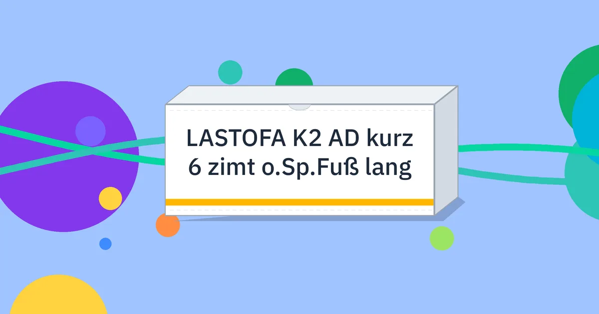 Symbolbild: Packung mit der Aufschrift LASTOFA K2 AD kurz 6 zimt o.Sp.Fuß lang (PZN 14147592) – Verfügbarkeit und Bezug in Apotheken in Frankfurt am Main