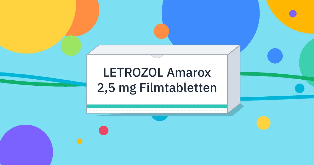 Symbolbild: Packung mit der Aufschrift LETROZOL Amarox 2,5 mg Filmtabletten (PZN 16369523) – Verfügbarkeit und Bezug in Apotheken in Frankfurt am Main