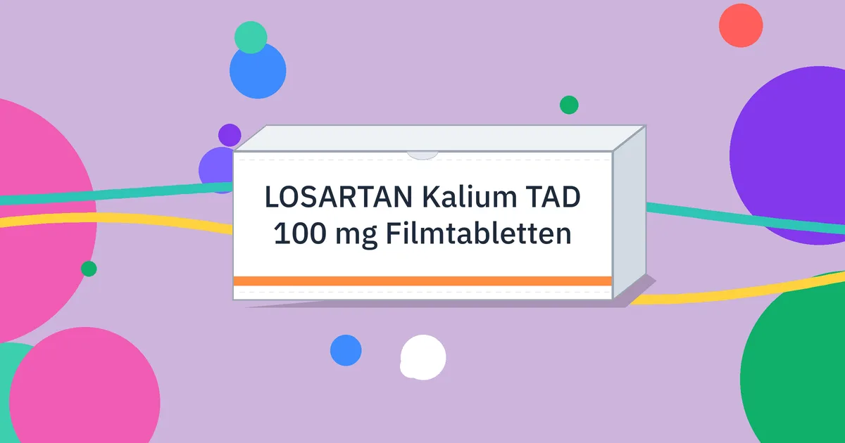 Symbolbild: Packung mit der Aufschrift LOSARTAN Kalium TAD 100 mg Filmtabletten (PZN 09191639) – Verfügbarkeit und Bezug in Apotheken in Frankfurt am Main