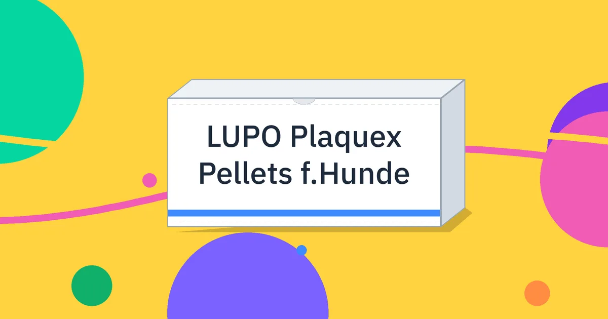 Symbolbild: Packung mit der Aufschrift LUPO Plaquex Pellets f.Hunde (PZN 19252276) – Verfügbarkeit und Bezug in Apotheken in Frankfurt am Main